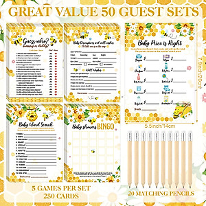 Patelai 321 Pcs Baby Shower Games Supplies, 5 Sets (50 Cards Each) Activities Cards with 20 Pencils 1 Don't Say Baby Sign 50 Clothespin(Bee)