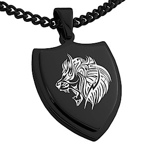 Black Stainless Steel Tribal Lion Shield Pendant Necklace