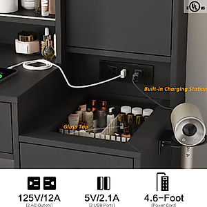 Vabches Vanity Desk with Mirror and Lights, Vanity Table Makeup Vanity with Lights 3 Drawers and Cabinets, Charging Station & Sliding Door, Lots Storage Shelves