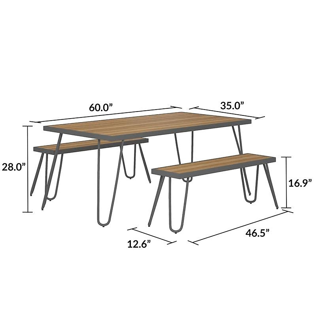 Novogratz 88192CNOE Poolside Paulette Outdoor Table and Bench Set, Charcoal