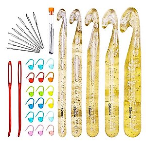 Huge Crochet Hook Set,9 Pieces Large Eye Blunt Needles,12mm-25mm Large Size Yarn Crochet Hooks Needles with 20 Stitch Markers and 2 Tapestry Needle