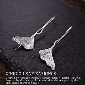 Lotus Fun S925 Sterling Silver Drop Earrings Vintage Ginkgo Leaf Dangle Earrings Handmade Unique Jewelry for Women (Silver)