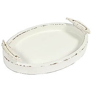 SOFE 16" Farmhouse Oval Wood Tray, White Distressed Serving Tray with Carved Handles, Serving Tray Decorative and Rustic Candle Holder Tray, Coffee Table Tray Centerpieces for Dining Room/Kitchen