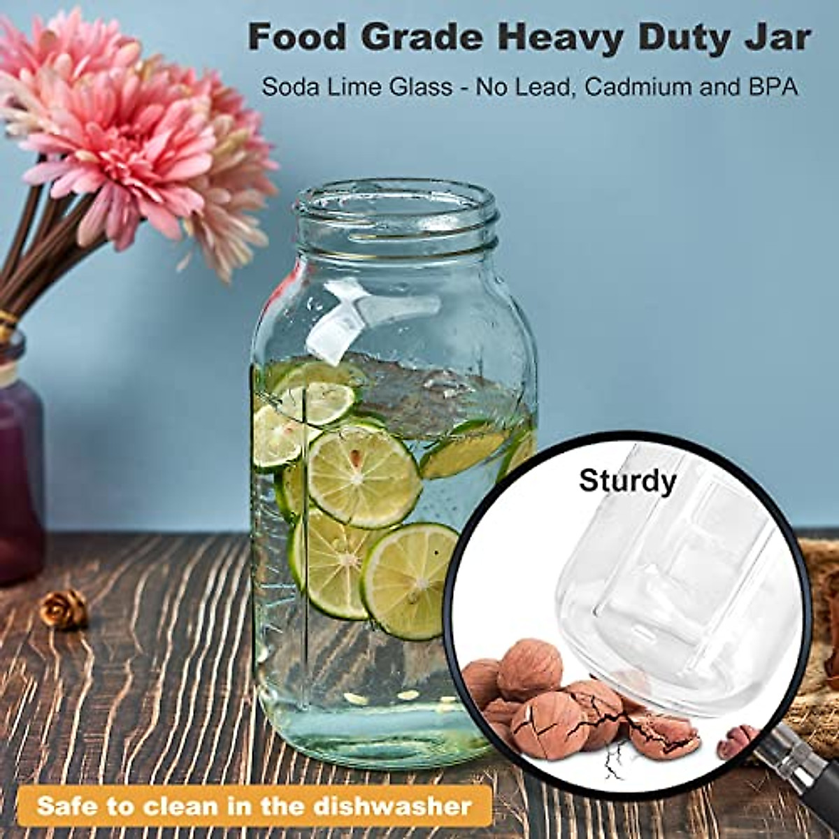 Mason Jar Pitcher with Pour Spout Handle Lid, 32 oz Thick Glass Jug for Cold Brew Coffee, Ice Beverage, Iced Juice, Lemonade, Sun Tea, Fruit Drinks Container
