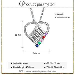 Jeweidea Personalized Heart Necklace with 2-6 Simulated Birthstones Custom Name Mother Daughter Chain Pendant for Women Mom Birthday (5 Names)