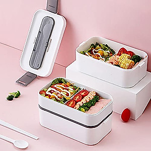 NatraProw Bento Lunch Box for Adults, 2 Layers Stackable Lunch Container, 1600ml Large bento Box for Adults, Built-in Utensils, Microwave Safe Bento Boxes, Leakproof, BPA Free, White