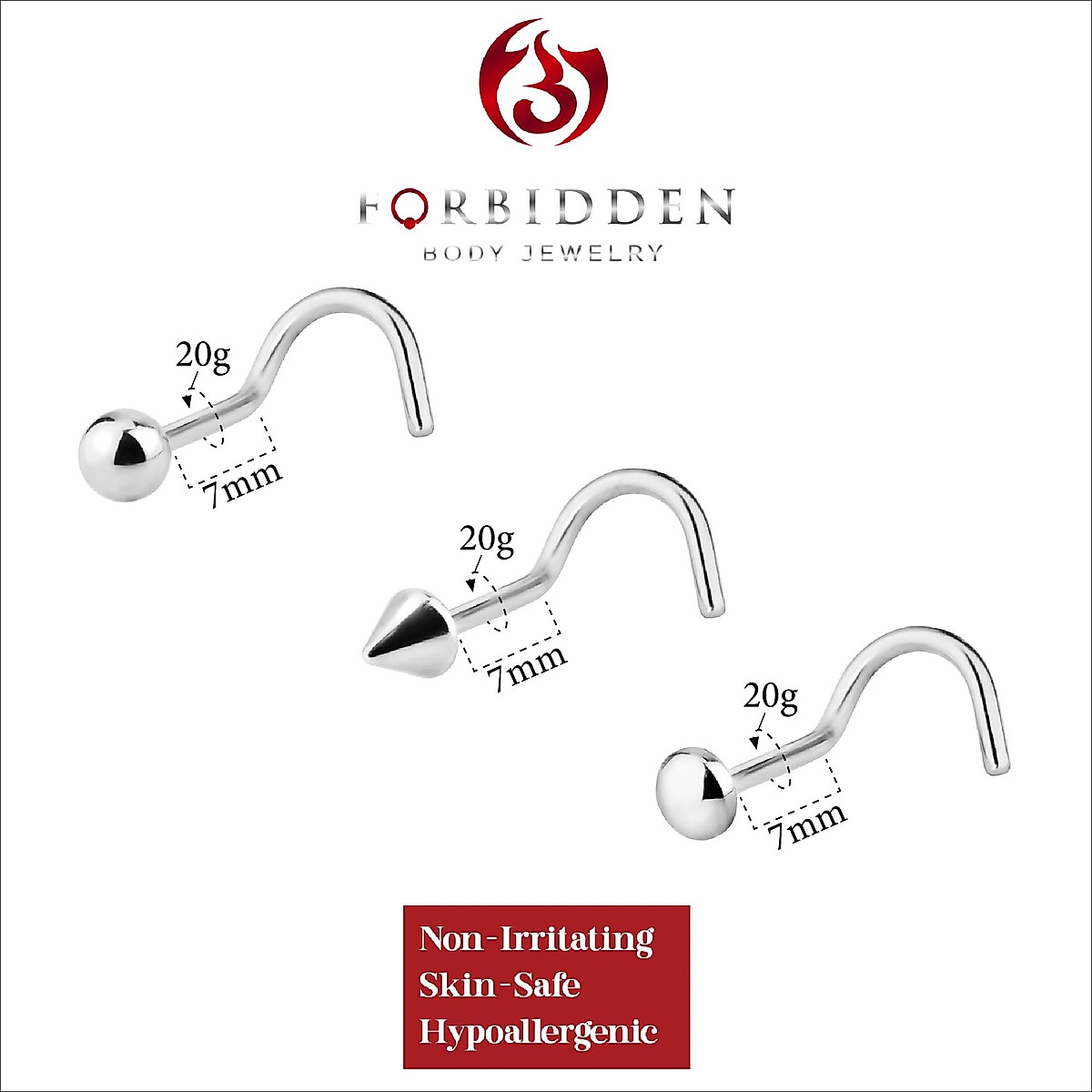 Forbidden Body Jewelry Set of 3 Nose Screws: 20g Surgical Steel Nose Rings with Ball, Button and Spike Tops