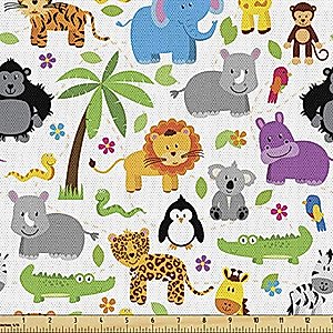 Lunarable Animals Fabric by The Yard, Jungle and Zoo Themed Pattern with Tropical Trees and Animals, Decorative Fabric for Upholstery and Home Accents, 1 Yard, Green Grey