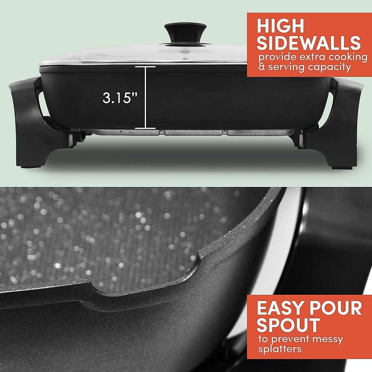 10.5-Quart Jumbo Electric Skillet with Easy-Pour Spout, Black - Versatile Cooking Made Easy