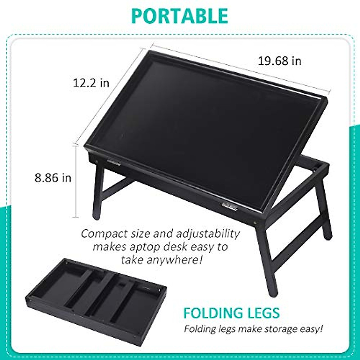 Bed Tray Table Breakfast Food Tray with Folding Legs Kitchen Serving Tray for Lap Desks Notebook Computer Bed Platters TV Snack Tray(Black)