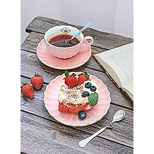 Amazingware Royal Tea Cups and Saucers, with Gold Trim and Gift Box, British Coffee Cups, Porcelain Tea Set, Set of 6 (8 oz)- Pink