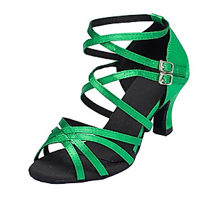 Minishion Women's TH121 Cross Strap Kitten Heel Green Satin Wedding Ballroom Latin Taogo Dance Sandals US 8