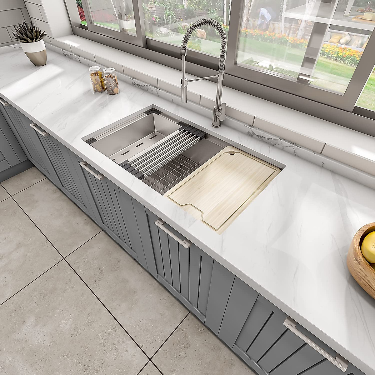 Sinber 32" x 19" x 10" Undermount Single Bowl Workstation Kitchen Sink with 16 Gauge 304 Stainless Steel Satin Finish 6 Accessories KSS0001S-OK