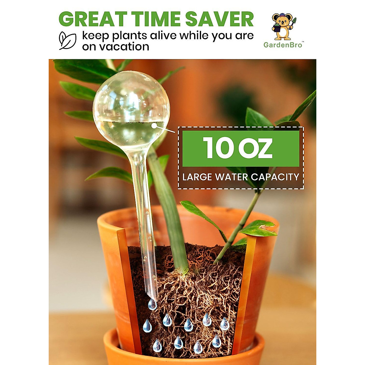 GARDENBRO 8 pc Plant Watering Globes Large Plastic - Automatic Plant Waterer Set Include Plant Accessories for Indoor and Outdoor Pots - Set of 8