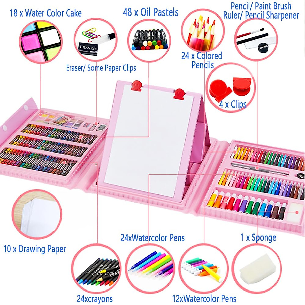 DLUCKY 208 PCS Art Supplies, Drawing Art Kit for Kids Adults Art Set with Double Sided Trifold Easel, Oil Pastels, Crayons, Colored Pencils, Watercolor Pens Gift for Girls Boys Artist,Pink