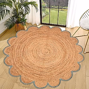 KALVEERA 5x5, 6x6, 4x4, 3x3ft Jute Area Rug Natural Jute Scallop Round Rug, Floor Scalloped Circular Handmade Braided Boho Eco Large Circular Handmade Area Rugs (4x4 Ft Round Rug, Turquoise)