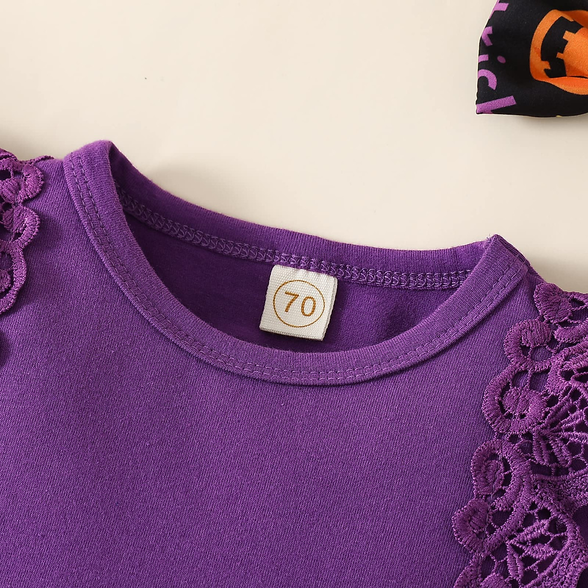Guodeunh Newborn Baby Girl Halloween Outfits Ruffle Pumpkin Romper Tunic Drees Long Sleeve Skirt Set+Headband Fall Winter Clothes（Purple- Black,12-18 Months）