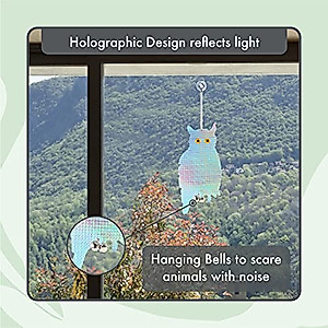 Bird Blinder Hanging Owl Decoys to Scare Birds Away - Reflective Bird Deterrent Devices - Scare Away Woodpecker, Swallow, Hawks, Crows, Pigeons and Birds - Window Strike Prevention 16 inch - Pack of 2