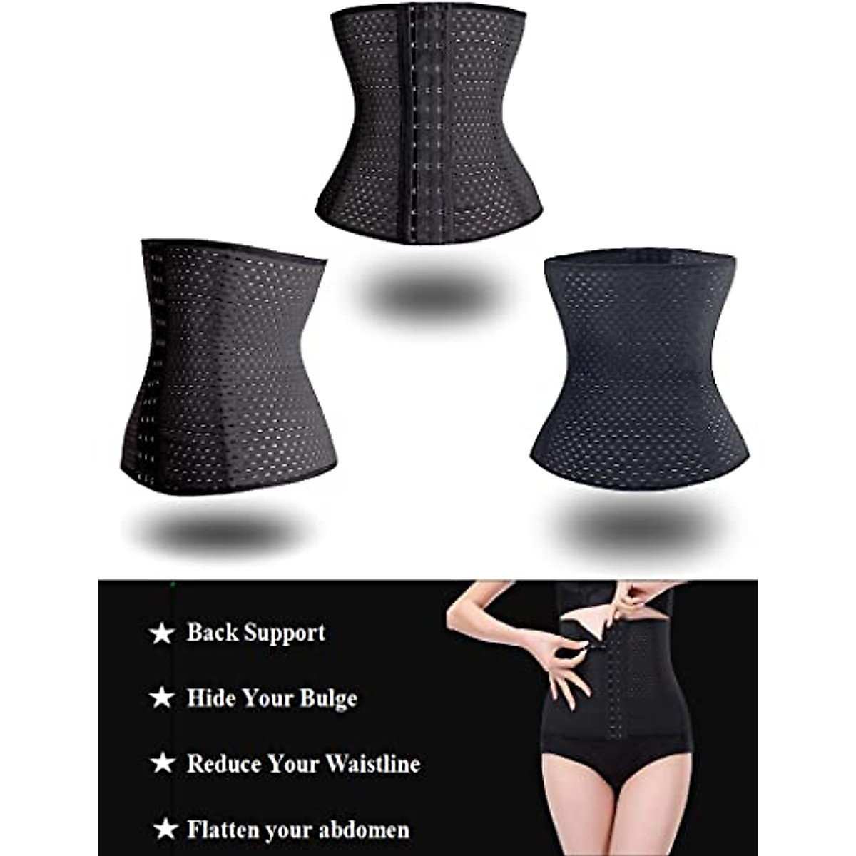 Youloveit Women's Waist Trainer Corset for Everyday Wear Steel Boned Tummy Control Body Shaper with Adjustable Hooks(Black,L)