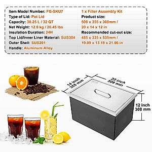 VEVOR Drop in Ice Chest, 20" L x 14" W x 12" H Stainless Steel Ice Cooler, Commercial Ice Bin with Cover, 40 qt Outdoor Kitchen Ice Bar, Drain-Pipe and Drain Plug Included, for Cold Wine Beer