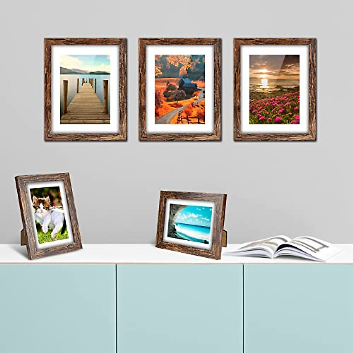 BEYAHELA 4x6 Picture Frame Set of 6, Rustic Farmhouse 4 x 6 Frame Bulk with Mat, Distressed Wooden Photo Frame for Table Top Display and Wall Mounting Rustic Picture Frame With HD Glass (Brown)