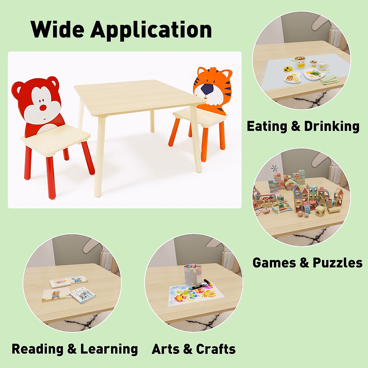 BAOMKONG Kids Table and Chairs, Childrens Table and Chair Set of 3 Piece, Wooden Cartoon Animals Design, Ideal for Arts & Crafts, Gift for Ages 2+, Bear & Tiger