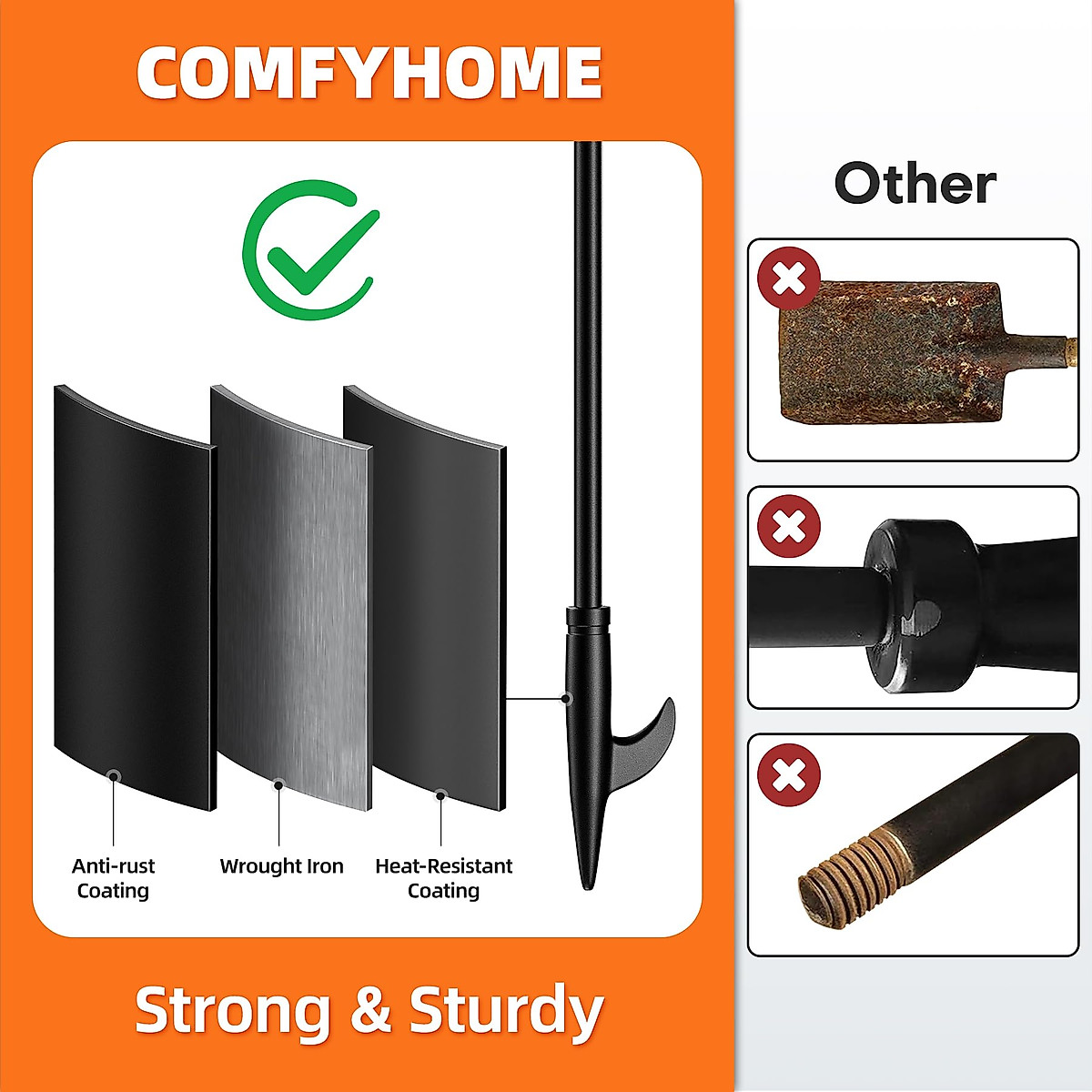 COMFYHOME 5 Piece Fireplace Tools Set, 32'' Heavy Duty Fireplace Tools with Stand, Fire Poker, Shovel, Tongs, Brush, Black Handle Fireplace Kits for Indoor Modern Chimney, Wood Stove, Outdoor Fire Pit