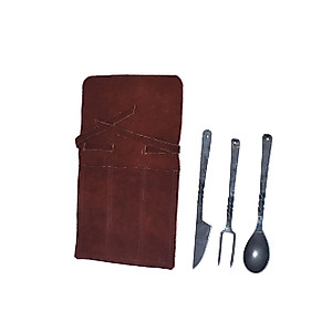 Viking Traders Hand-Forged Blacksmith Medieval Dining Hall Eating/Feasting Utensils set of 3 Piece Functional Fork Knife and Spoon Medieval Eating Set, with genuine leather pouch for easy carrying.