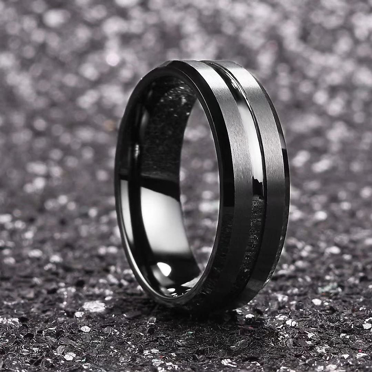 King Will Classic 8mm Black Tungsten Carbide Wedding Band Ring Polished Finish Grooved Center Comfort Fit (10.5)