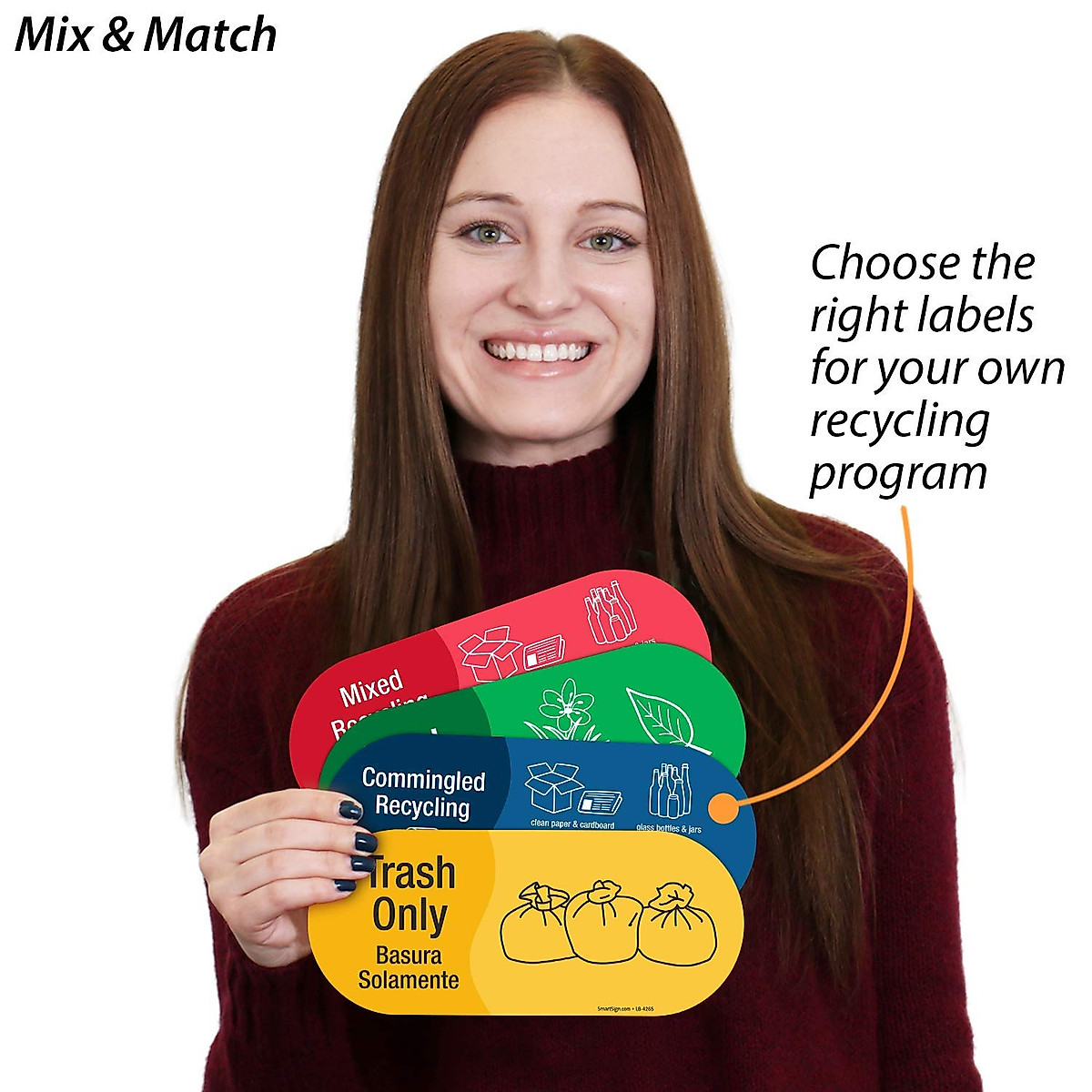 SmartSign (Pack of 4) 3.75 x 9 inch “Trash Only - Basura Solamente” Bilingual Sticker Labels with Symbol, 5 mil Laminated Polyester with SuperStick Adhesive, Yellow and Black