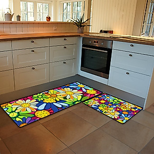 Kitchen Rugs and Mats Set of 2 Pieces Anti Fatigue Standing Mat Floral Colorful Vivid Non Slip Washable Comfort Flooring Carpet Runner for Kitchen Home
