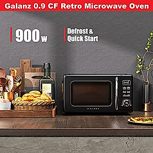 Galanz GLCMKZ09BKR09 Retro Countertop Microwave Oven with Auto Cook & Reheat, Defrost, Quick Start Functions, Easy Clean with Glass Turntable, Pull Handle, 0.9 cu ft, Black