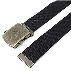 Canvas Web Belt Military Style with Antique Brass Buckle and Tip 50" Long (Black)