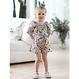 YOUNGER TREE Kids Toddler Baby Girls Summer Outfit Off-Shoulder Sunflower Overall Romper Jumpsuit Short Trousers Clothes (Sunflower, 18-24 Months)