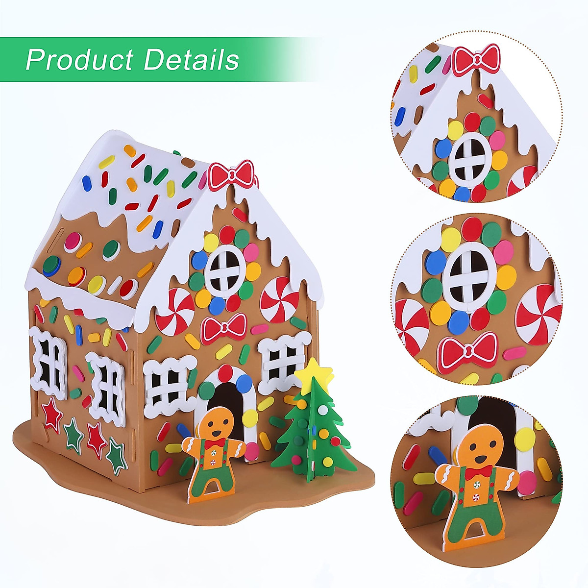 Elcoho 3 Sets of Gingerbread House DIY Craft Kit 3D Christmas Foam Stickers Decorations Party Crafts Decorations for Christmas Party Favors Project Art and Craft DIY Kit