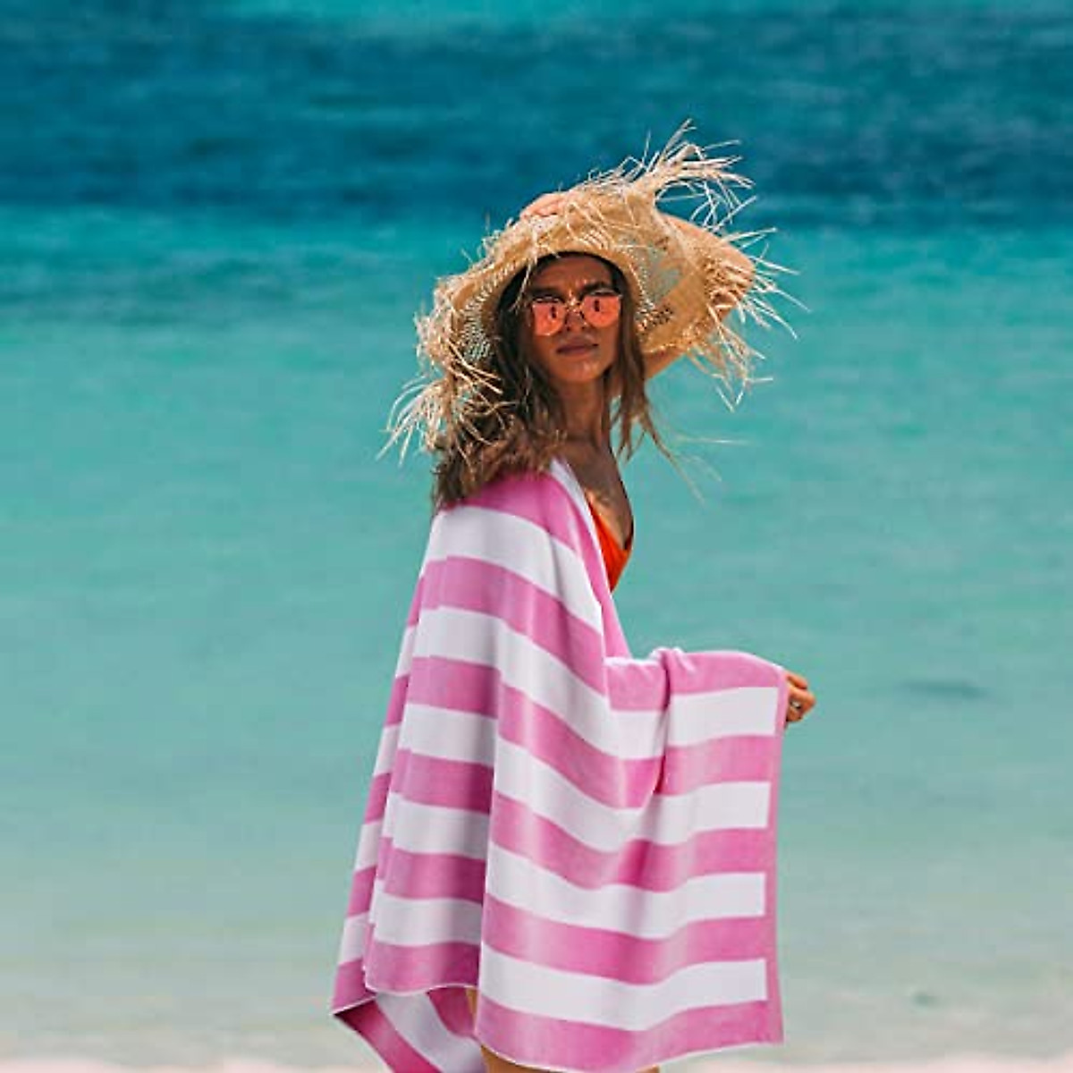 LULUHOME Plush Oversized Beach Towel - Large Cotton Thick 36 x 70 Inch Pink Striped Pool Towels, Fluffy Summer Cabana Big Swimming Towel for Adults Mens Womens