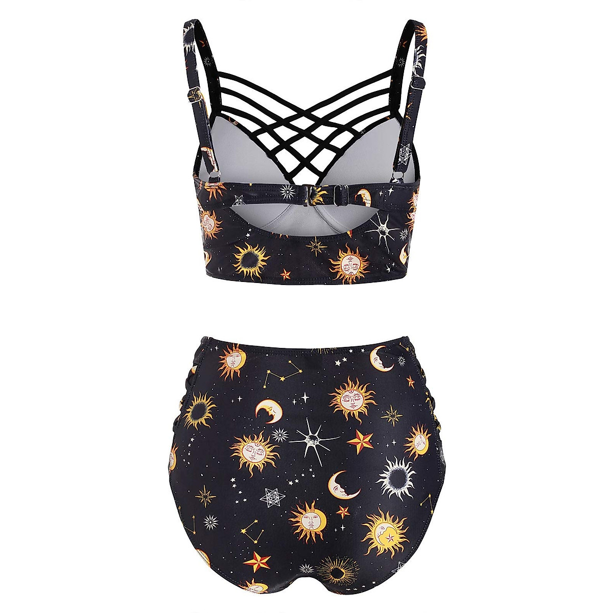 JMSUN Women's Bikini Summer Bathing Suit Sun Star Moon Lattice High Waisted Tankini Swimsuit Yellow