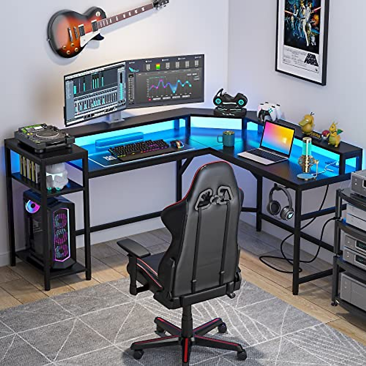 LITTLE TREE L Shaped Gaming Desk: Computer Desk with Power Outlet & LED Stripe, Modern Coner L Desk with Storage Shelves for Home Office - Black