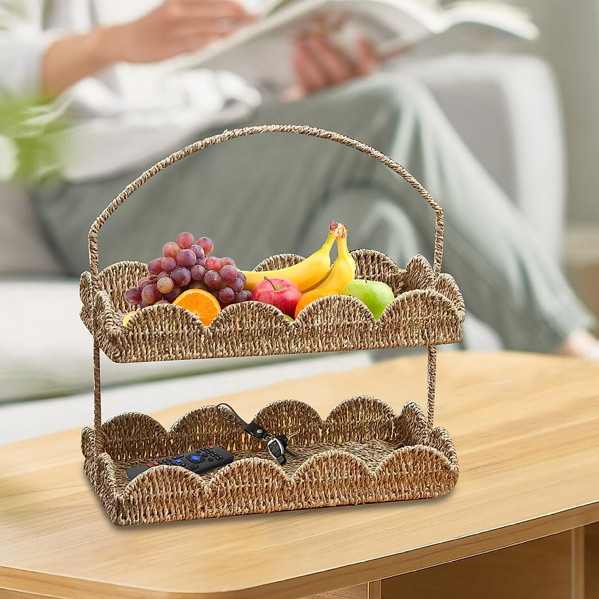 Seagrass Baskets 2 Layers Scalloped Basket Tray with Handle Rustic Decorative Woven Basket with Scalloped Edge Coffee Table Basket Organizer for Home Bedroom Living Room Organizing 15.6x7.9x9.8 Inch