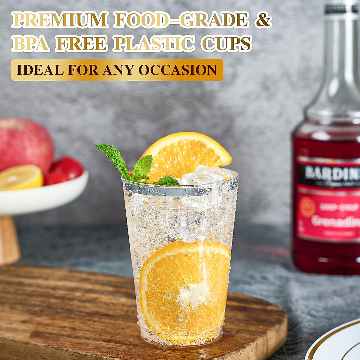 FOCUSLINE 200 Pack 12 oz Silver Rimmed Plastic Cups, Clear Plastic Cups 12 Ounce Tumblers, Heavy-duty & Fancy Disposable Hard Plastic Cups with Silver Rim for Wedding Cups Elegant Party Cups