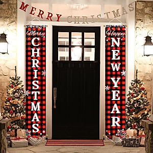 Ivenf Merry Christmas & Happy New Year Decorations, Red Black Buffalo Plaid Banner, 2 Pcs Front Porch Sign Set, Indoor Outdoor Yard Wall Home Decor