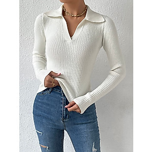SHENHE Women's Casual V Neck Long Sleeve Knitted Pullover Polo Sweater Jumper Tops White L
