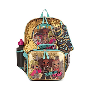 LOL Dolls 5 Piece Backpack Set for Girls, Brush Glitter Sequin School Bag with Front Panel and Mesh Pockets, Insulated Lunch Box, Water Bottle, Pencil Case and Hair Scrunchie, Black and Gold