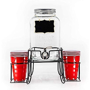 1 Gallon Glass Drink Dispenser | 100% Leakproof Stainless Steel Spigot | Sturdy Metal Stand, Chalkboard, Cup Holder | Great for Outdoor Parties | Perfect for Cold Drinks & Laundry Detergent