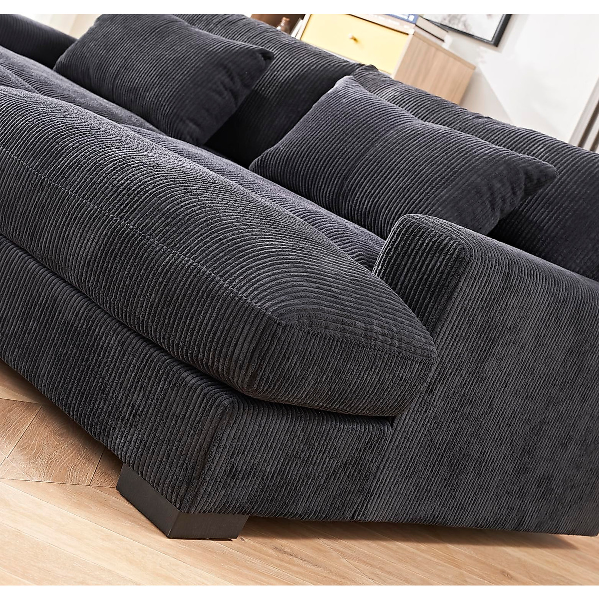 Container Furniture Direct Luxe Sleeper Sofa with Soft Corduroy Upholstery, Double Chaise Design, Convertible to Twin Size Bed, Modern and Comfortable Living Room Couch, Extra Large, Black