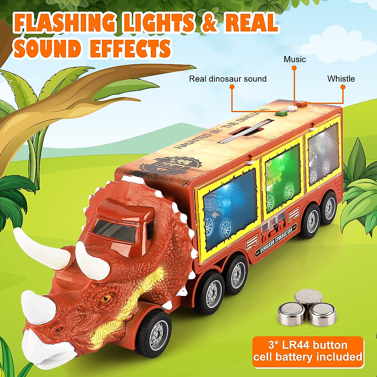 21 Pack Dinosaur Toys for Kids 3-7, Dinosaur Truck with Oversized Dinosaur Map, Flashing Lights, Music and Roaring Sound, Kids Toys with 6 Pull Back Dinosaur Cars, 6 Dinosaur Toys (Brown)