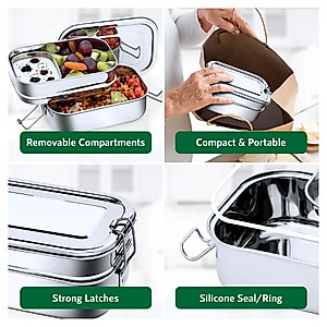 FigTree – 3 Tier Stainless Steel Lunch Box with Snack Pod 6"x4.5"x4", 3.5 Cups Food Capacity Leak Resistant Bento Box with Strong Latches – Stainless Steel Lunch Box BPA Free & Dishwasher Safe