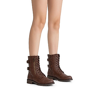 Vepose Women's Lace up Combat Boots, Mid Calf Hiking Boots, 929 - Cognac, Red Brown, Size 9.5 US - Credit Card Wallet Pocket (CJY929 Cognac 09.5)