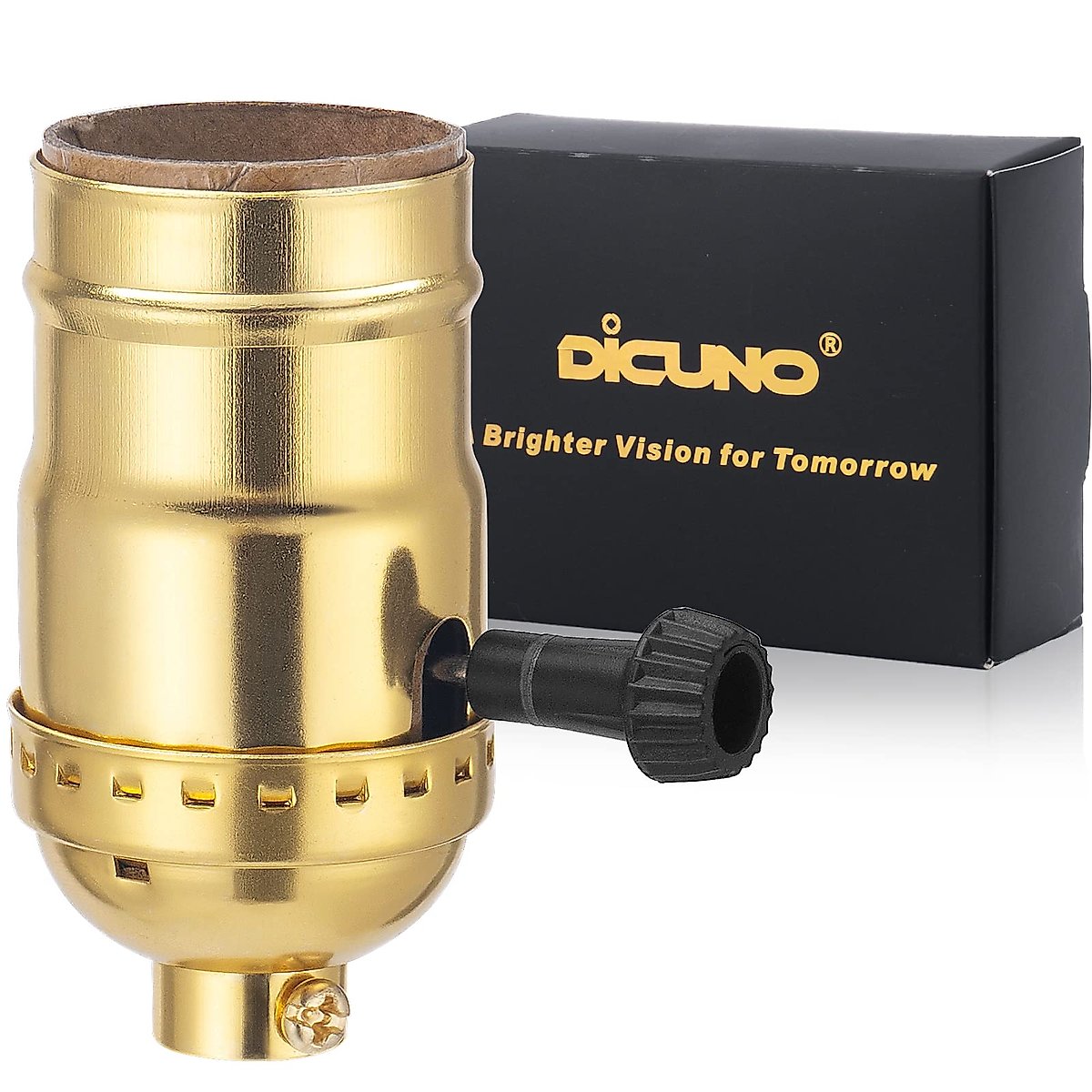 DiCUNO UL Listed 3-Way Lamp Socket Replacement, E26 Standard Threaded Base Light Socket, Turn Switch Knob for Low-Medium-High Light Settings, DIY Project, Table, Floor Lamp Repair Kit, 1-Pack, (Gold)
