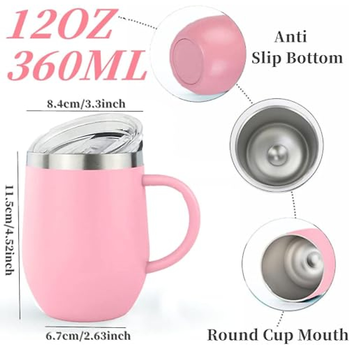 Stainless Steel Wine Tumblers 12oz,Triple Insulated Wine Glass Tumbler Stemless w/Lids,Straw and Cleaning Brush,Wine Glass Coffee Mug for Wine,Cocktails,Champaign,Spill Proof Ice Hot Drink Cup